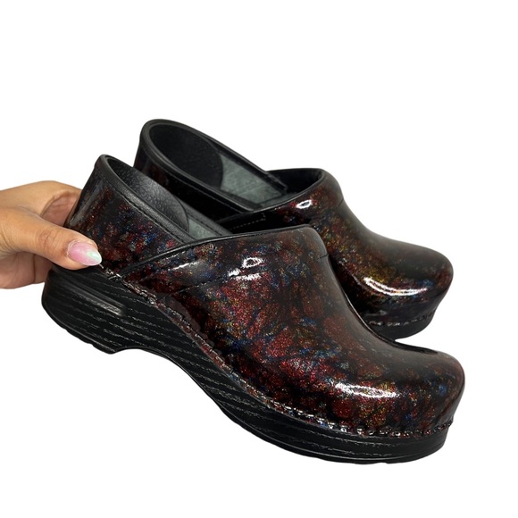 Dansko | Shoes | Dansko Red Marbled Abstract Patent Leather Clog Shoes ...